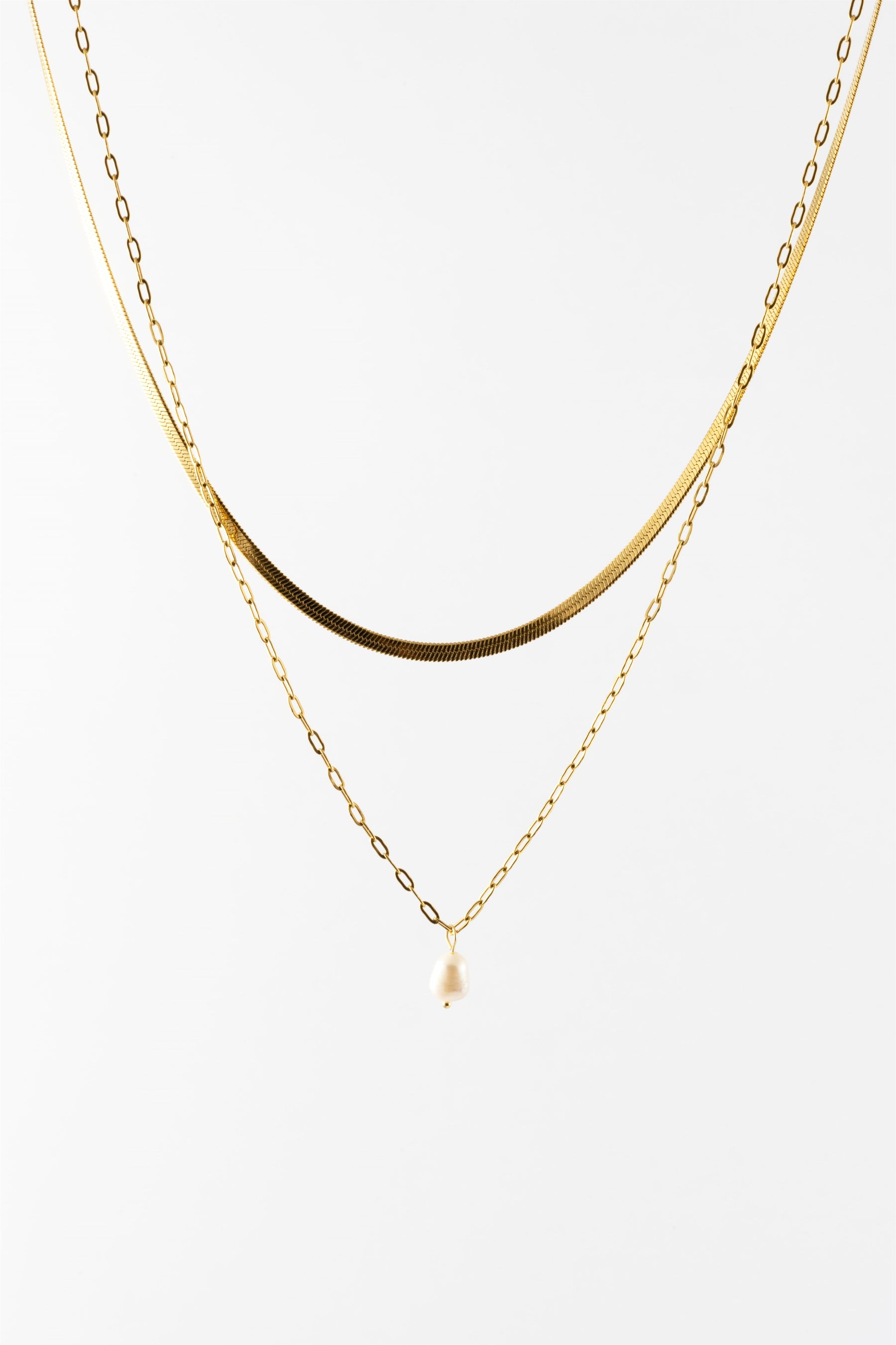 GOLD FLAT SNAKE AND CABLE CHAIN WITH PEARL PENDANT