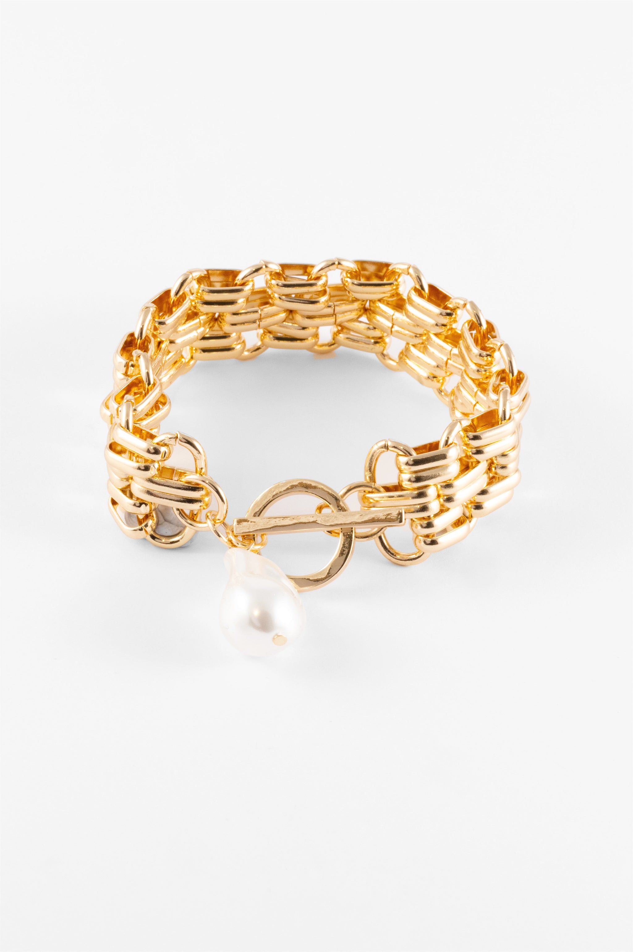 GOLD FANCY LINK LARGE PEARL WRISTWEAR