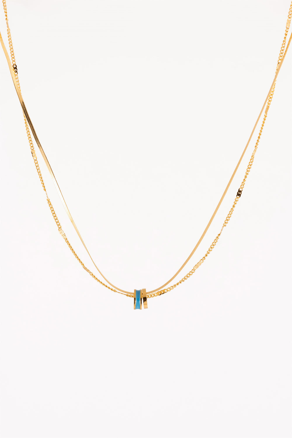 GOLD 2 LAYER TURQ ENAMEL DISK PENDANT NECKLACE