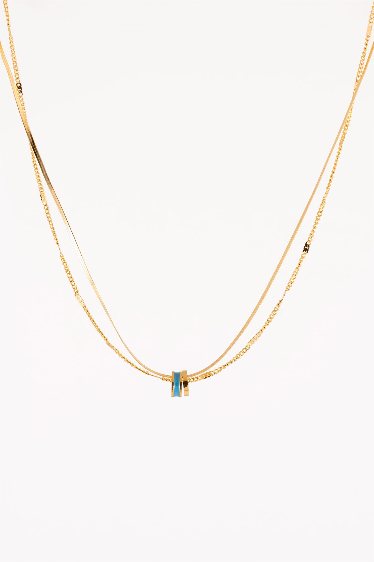 GOLD 2 LAYER TURQ ENAMEL DISK PENDANT NECKLACE