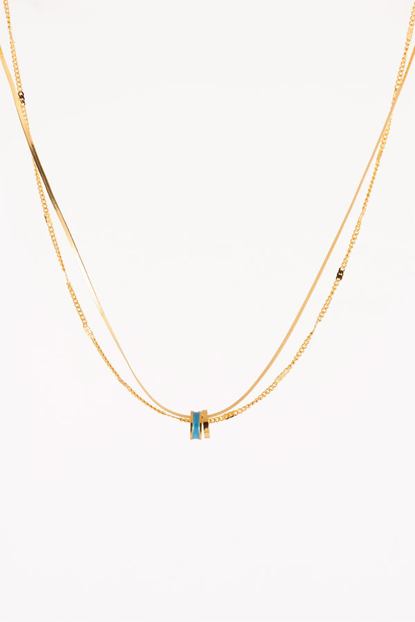 GOLD 2 LAYER TURQ ENAMEL DISK PENDANT NECKLACE