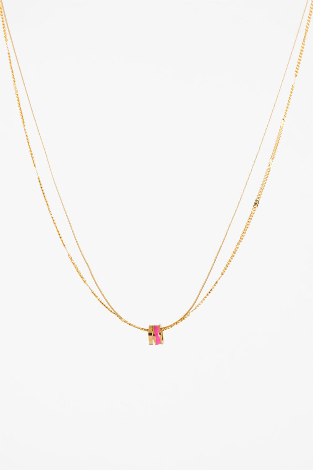 GOLD 2 LAYER PINK ENAMEL DISK PENDANT NECKLACE