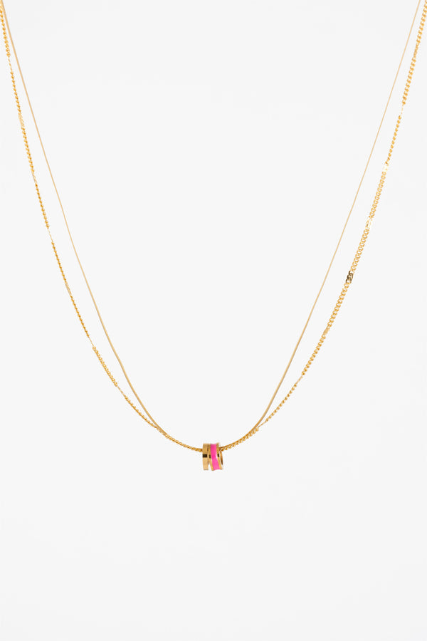 GOLD 2 LAYER PINK ENAMEL DISK PENDANT NECKLACE