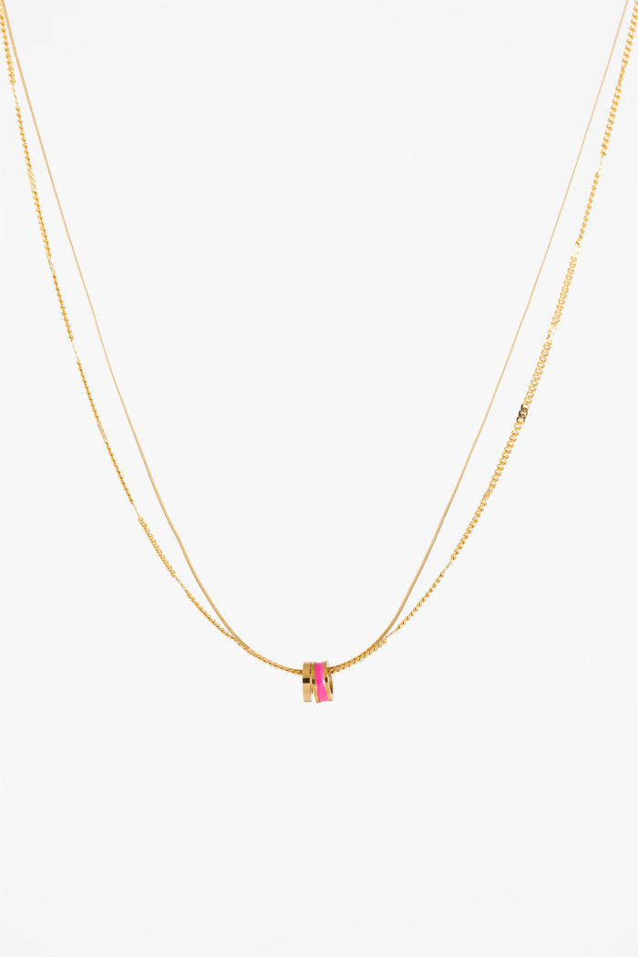 GOLD 2 LAYER PINK ENAMEL DISK PENDANT NECKLACE