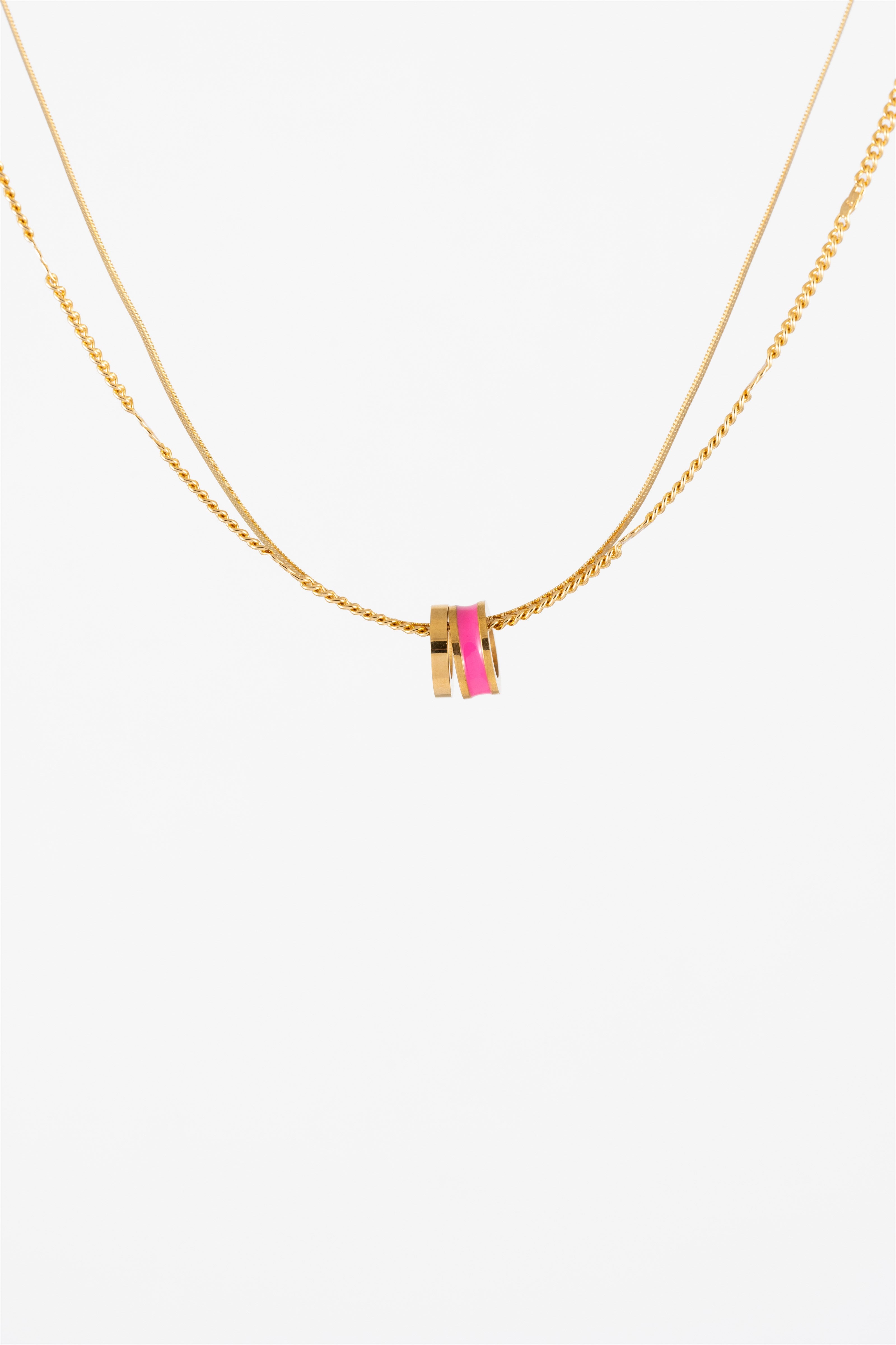 GOLD 2 LAYER PINK ENAMEL DISK PENDANT NECKLACE