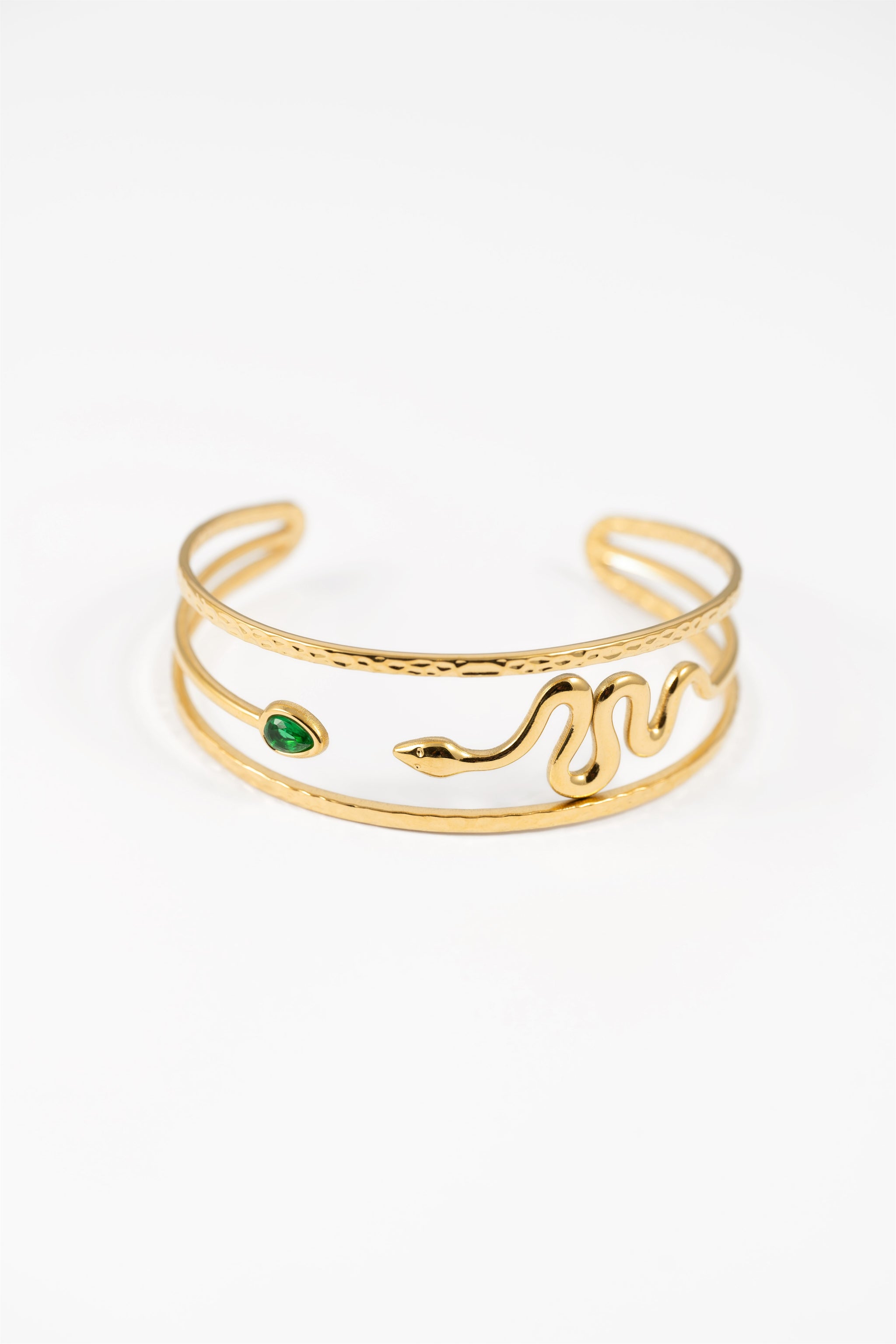 WATERPROOF GOLD CZ GREEN SNAKE OPEN CUFF WRISTWEAR